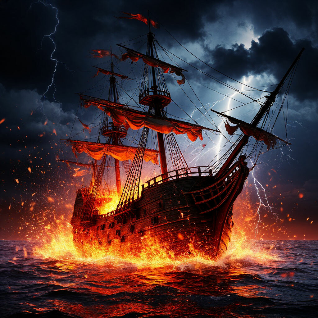 "Sinking pirate ship on fire, night, splashes of fire, lightning in the ...