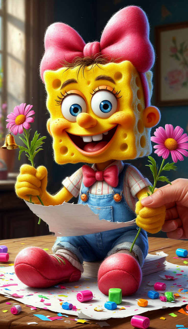 "@Oksana@ Animated bright funny bimbo character, sponge bow, flowers in ...