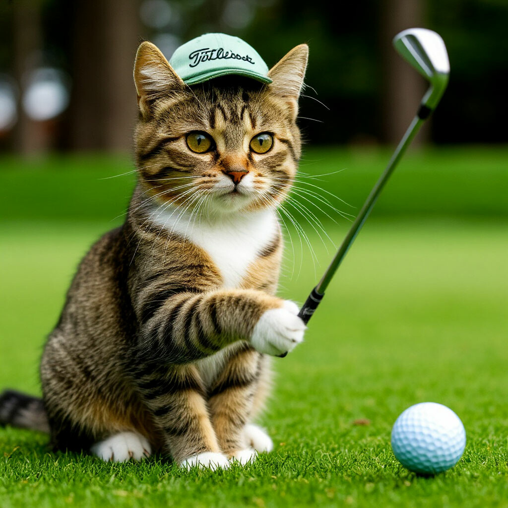 "The cat who plays golf" — image created in Shedevrum