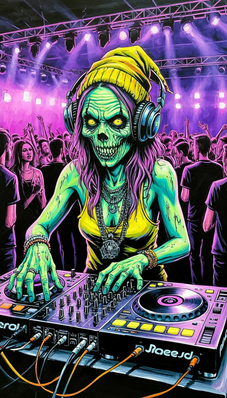 "A creep DJ🧟♀️ at a party👑 staged a crazy rave😀 sketching with acrylic ...