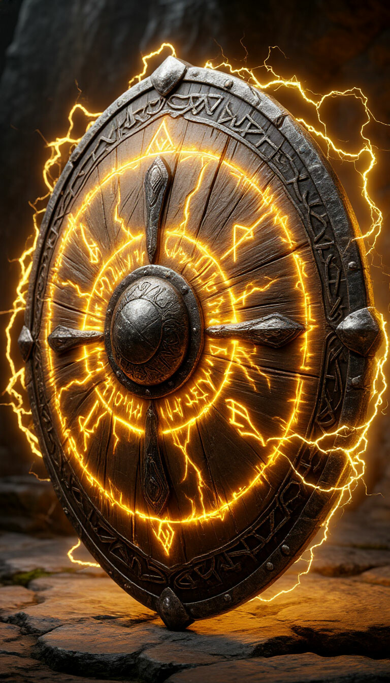 "An ancient magic shield, a shield of a fantasy warrior, an old world ...