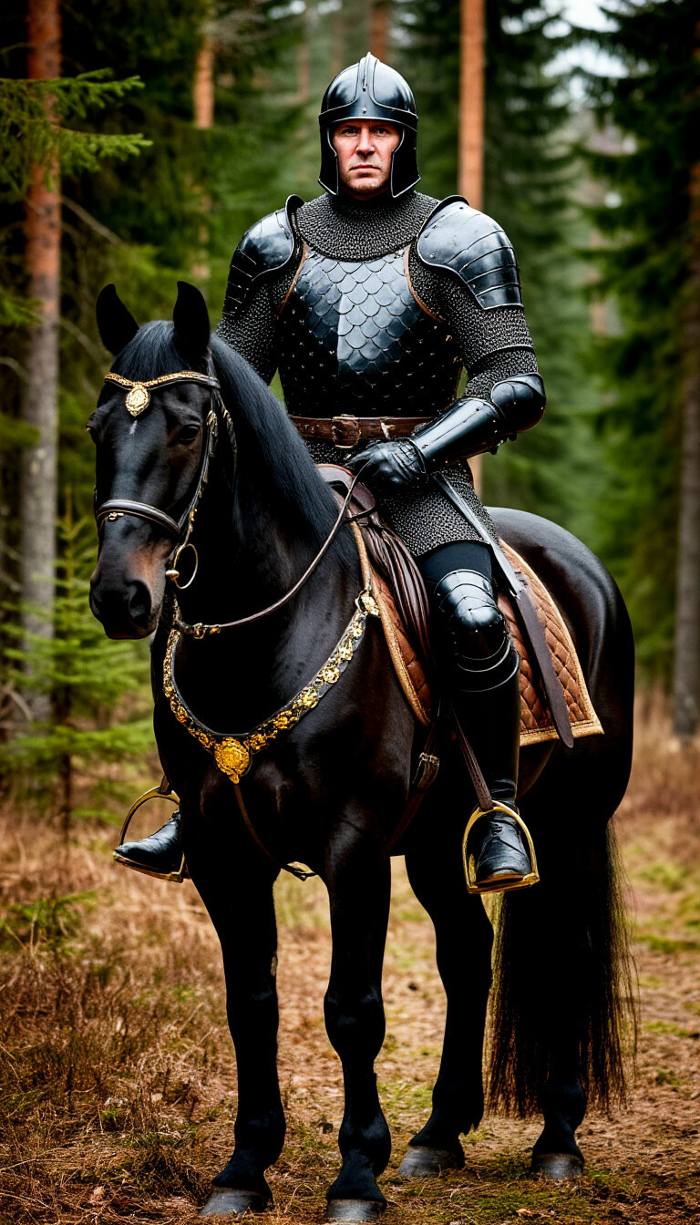 "A middle-aged man, standing tall, helmet with an open face, black fish ...