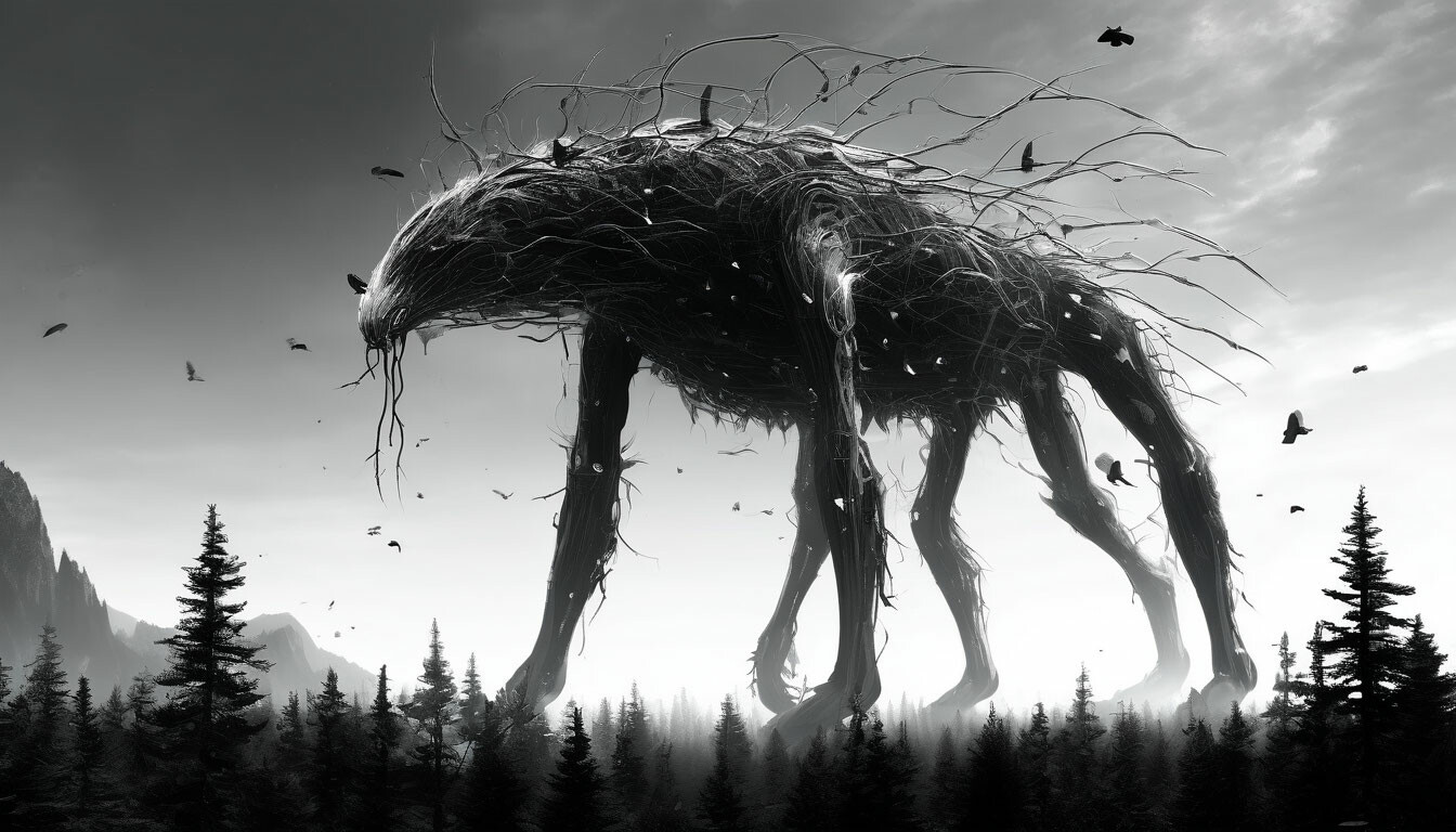 "Side view, supergiant animal-like creature on four very long limbs ...