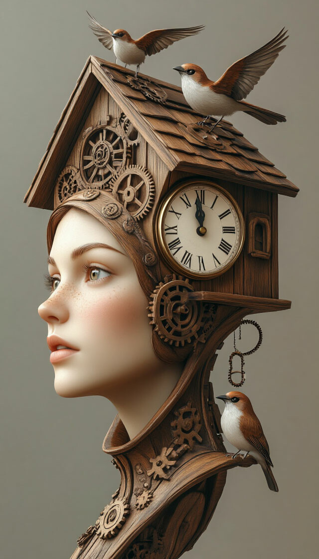 "A woman's head in the form of a cuckoo clock , the cuckoo jumps out ...
