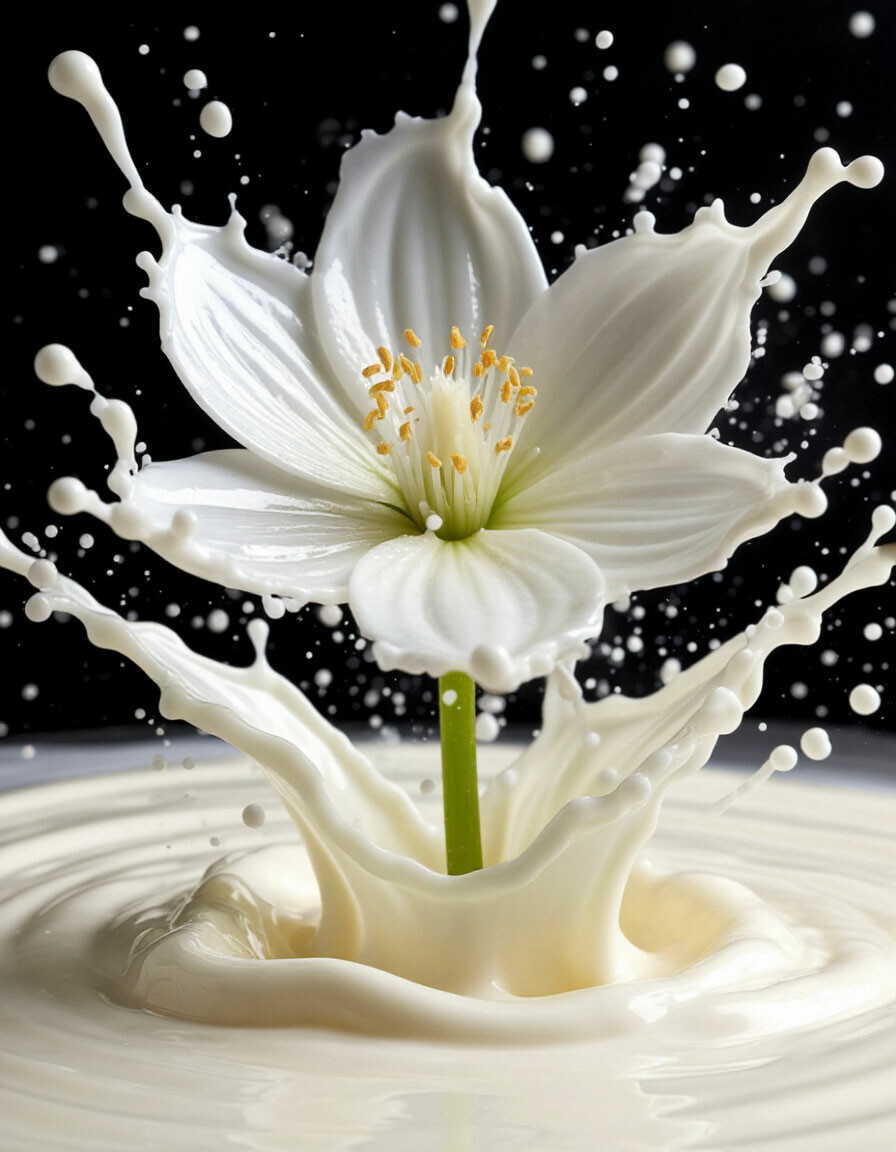 "Drawing a flower with milk, splashes of milk create a bizarre flower ...
