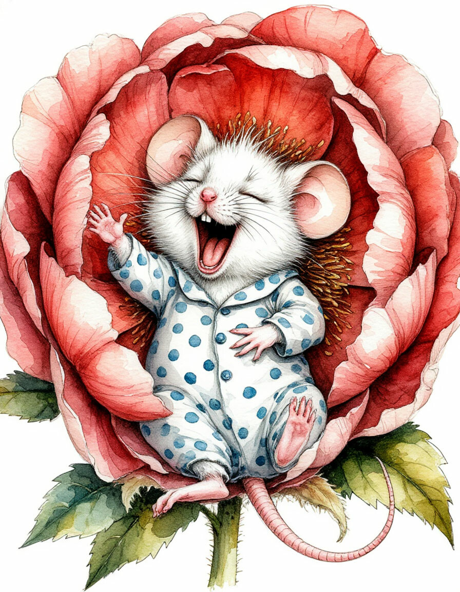 "In a huge flower lies a cute white chubby mouse in polka dot pajamas ...
