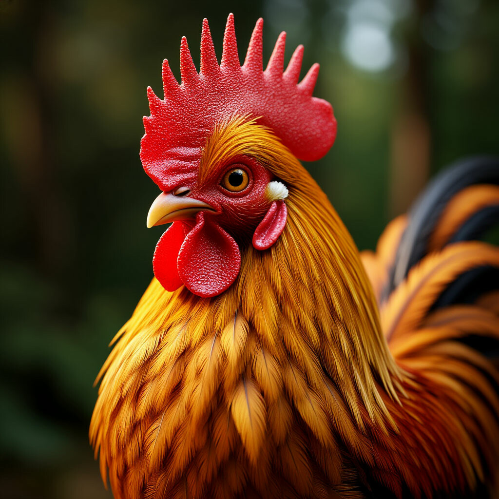 "Petya the cockerel golden comb,oil head,silk beard,3D,foreground" — image created in Shedevrum