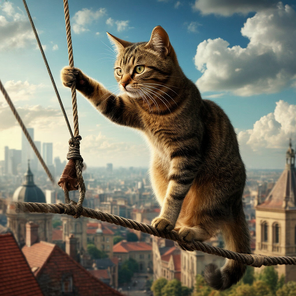 "The tightrope walker cat" — image created in Shedevrum