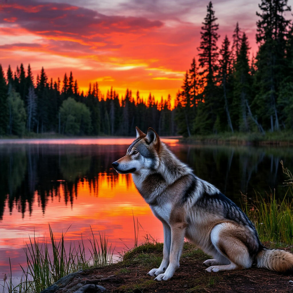 "Wolf, sunset , forest , lake" — image created in Shedevrum