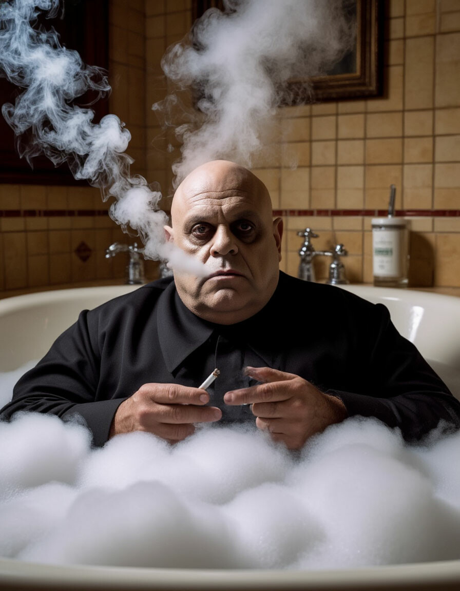 "Fester Adams. He lies in a bathroom full of foam and smokes a ...