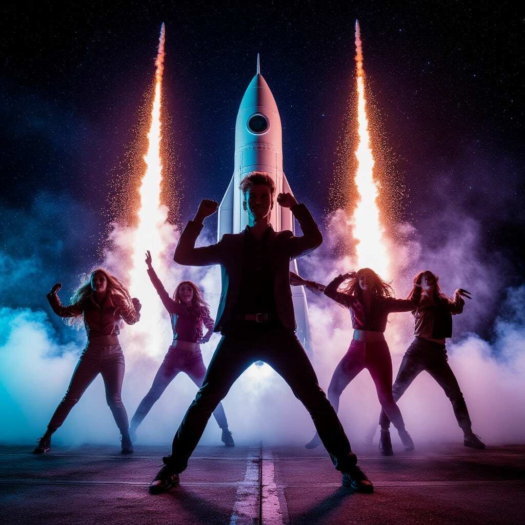 "Dancing in laser smoke around a rocket" — image created in Shedevrum