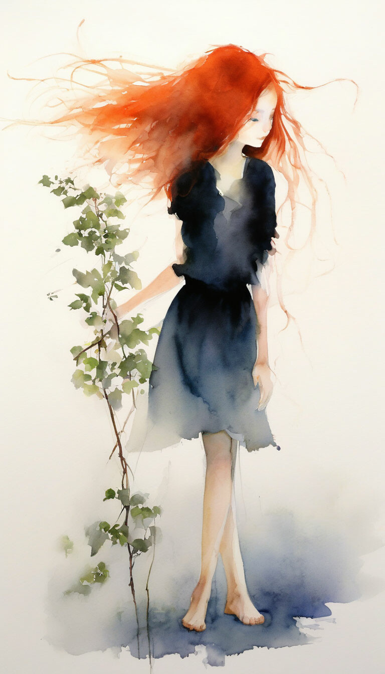 On The Last Day Of Spring Barefoot Red Haired Girl With A Branch Of