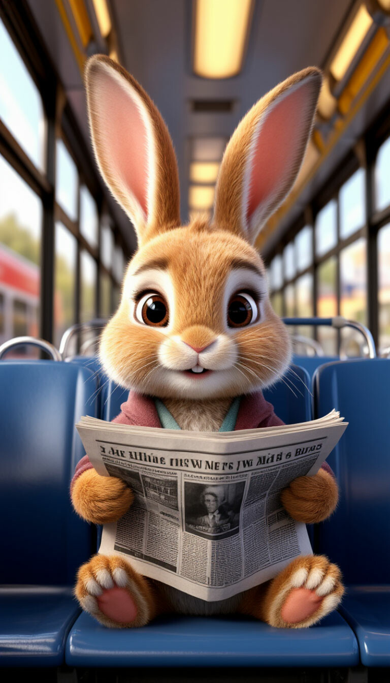"Cute rabbit reading newspaper in the bus, unreal engine render, 8k ...