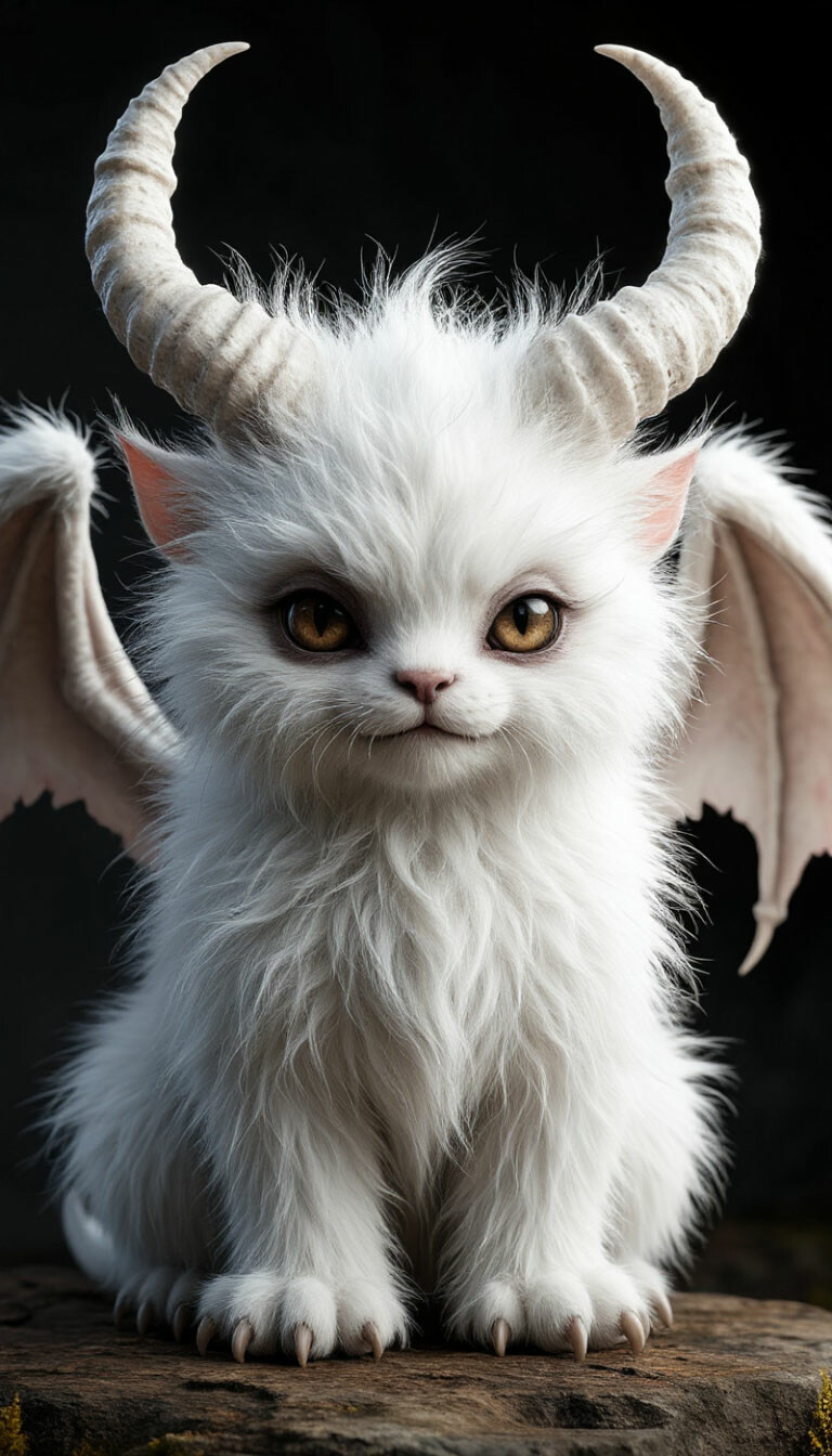 "A white and fluffy demon" — image created in Shedevrum