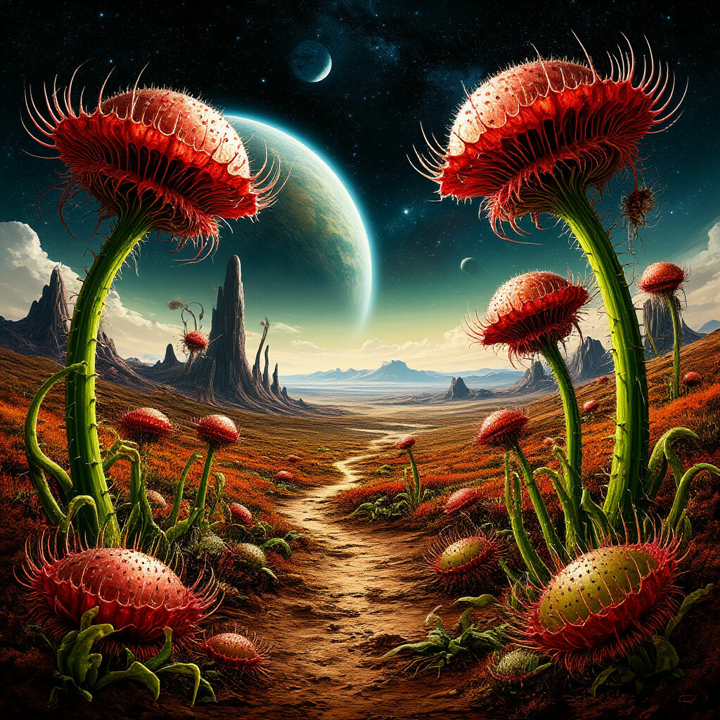 "Landscape, space, predatory plants, fiction" — image created in Shedevrum