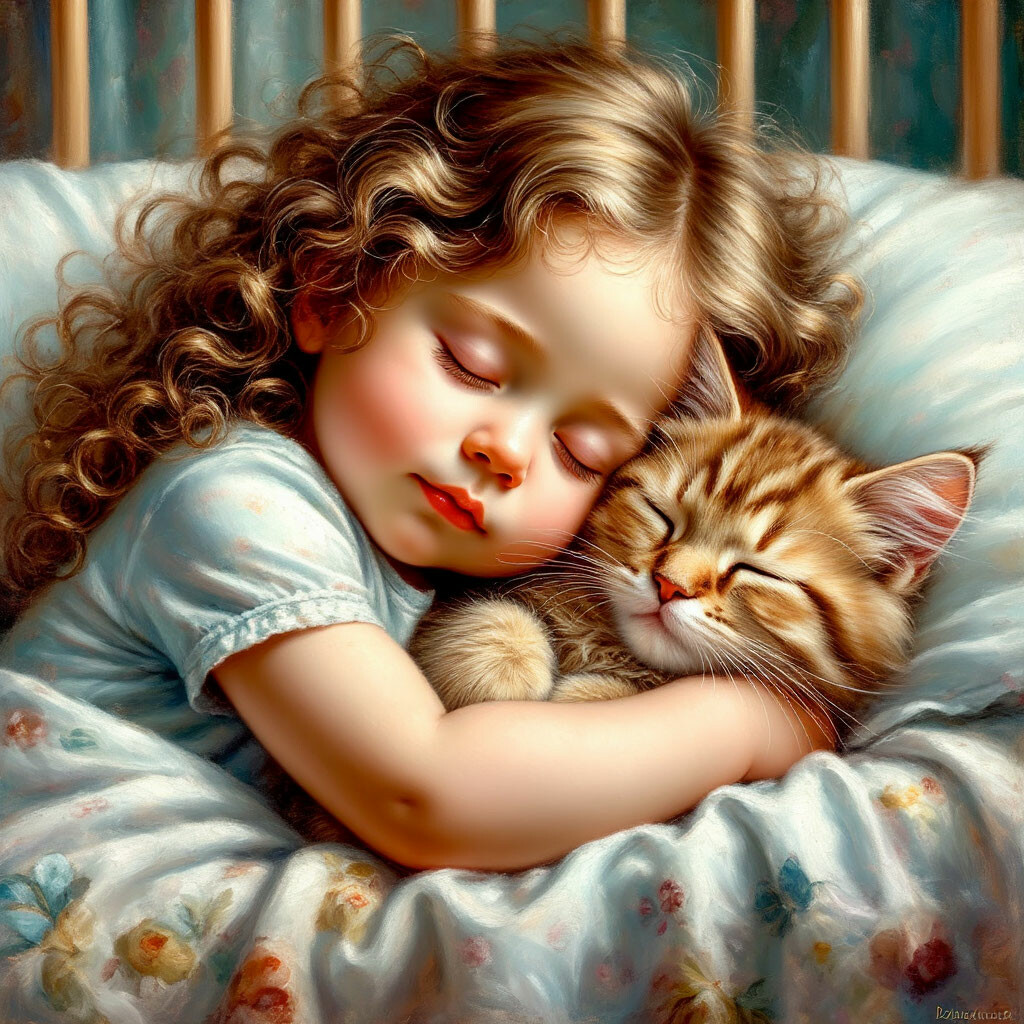 "Cute baby with curly long hair,sleeping in a crib hugging a cute ...