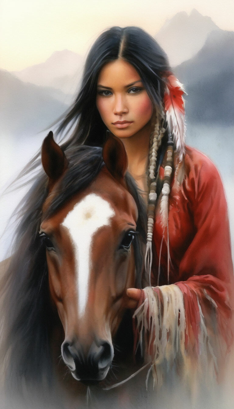 "Painting, watercolor on wet, Beautiful squaw girl,in Native American ...
