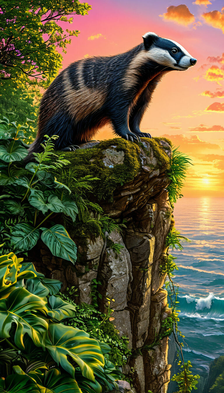 "Badger on top of a cliff, color, sunset, realistic green botany, close ...