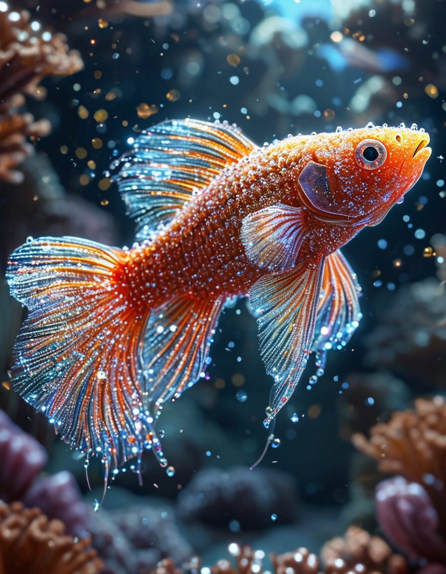 "Fish with sparkling scales swim in the aquarium, diamond spraying ...