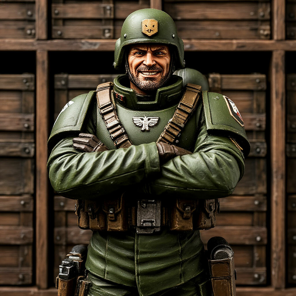 "A Cadian guardsman stands with his arms folded at his chest, smiling ...