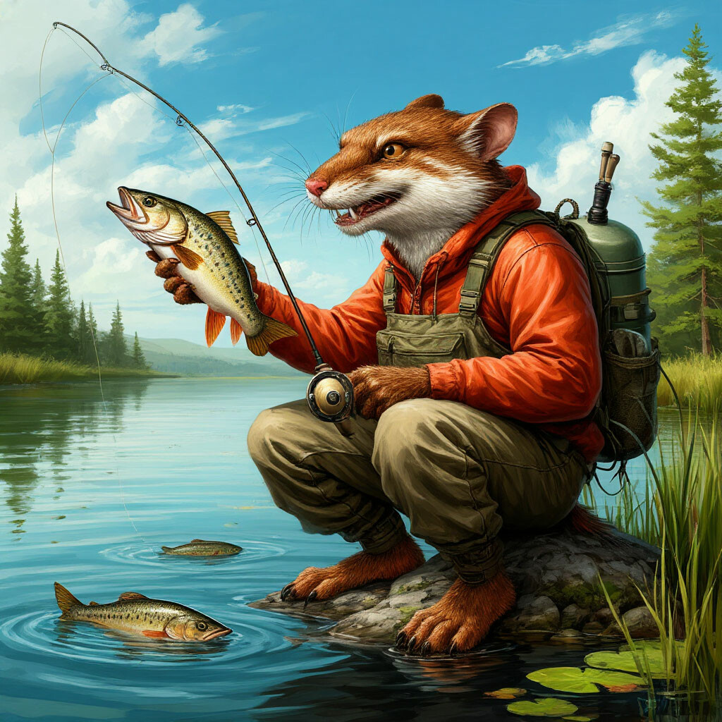 "Anthropomorphic fishing with prey" — image created in Shedevrum