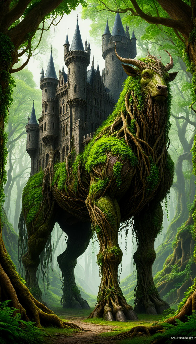 "A fantastical, hyperrealistic scene of a castle nestled within a dense ...
