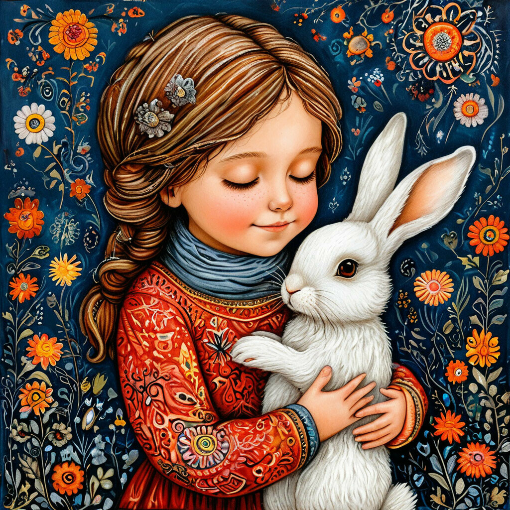 "Baby holding a white rabbit in her arms, naive art, zentangle, ebru ...