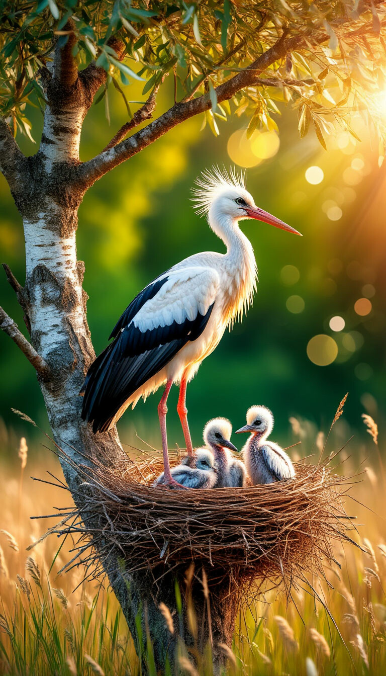 "An exquisite piece of art, a crested stork with its cubs in a nest on ...
