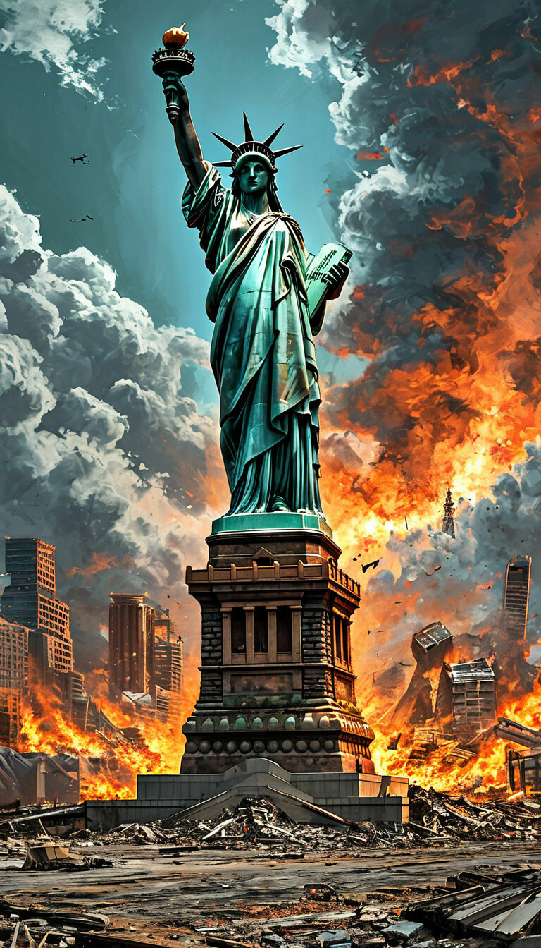 "In the foreground is the head of the Statue of Liberty, broken in half ...