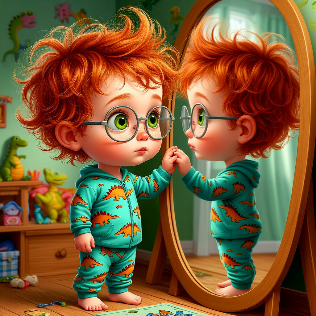 "Side view cartoon toddler baby red-haired tousled hair green eyes in ...