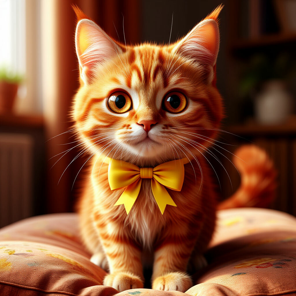 "To whom? A cute red tabby cat with bright amber eyes and tassels on ...