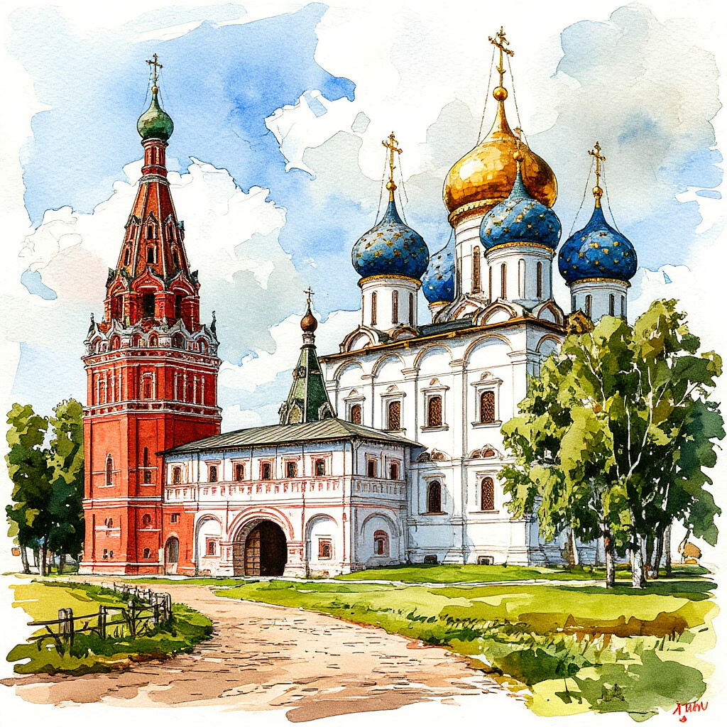 "Watercolor + ink, Russia, Suzdal, K.reml, in the style of Ch'ng Kiah Kiean, sketch, many small ...