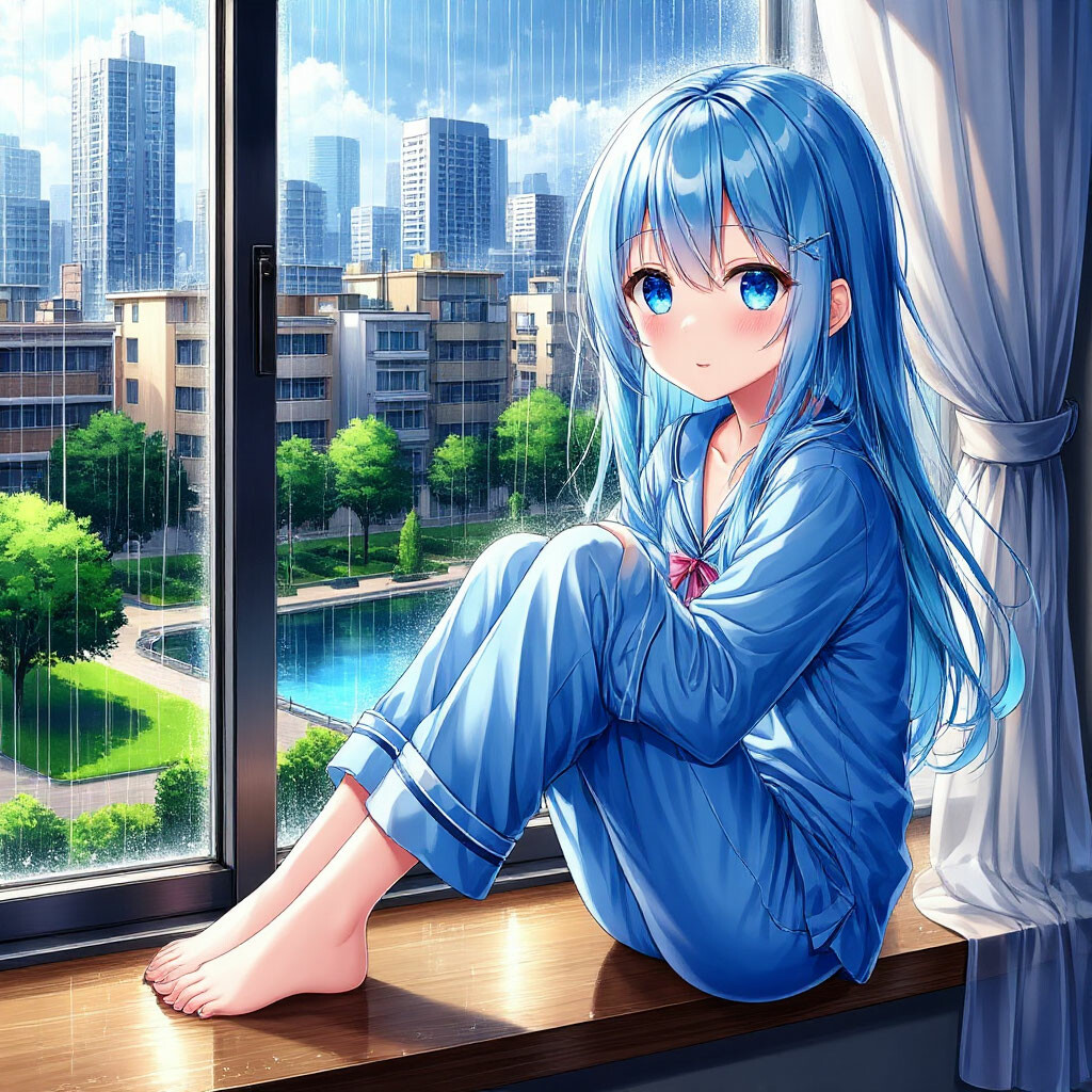 "A cute anime girl is sitting on the window sill, she has long blue ...