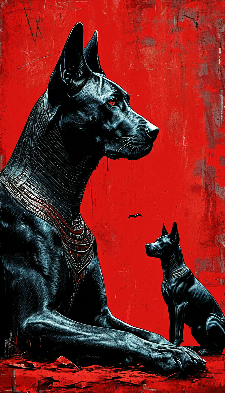 "Man Black Dog Sphinx on Red Background Anubis shadow Creature Horror ...
