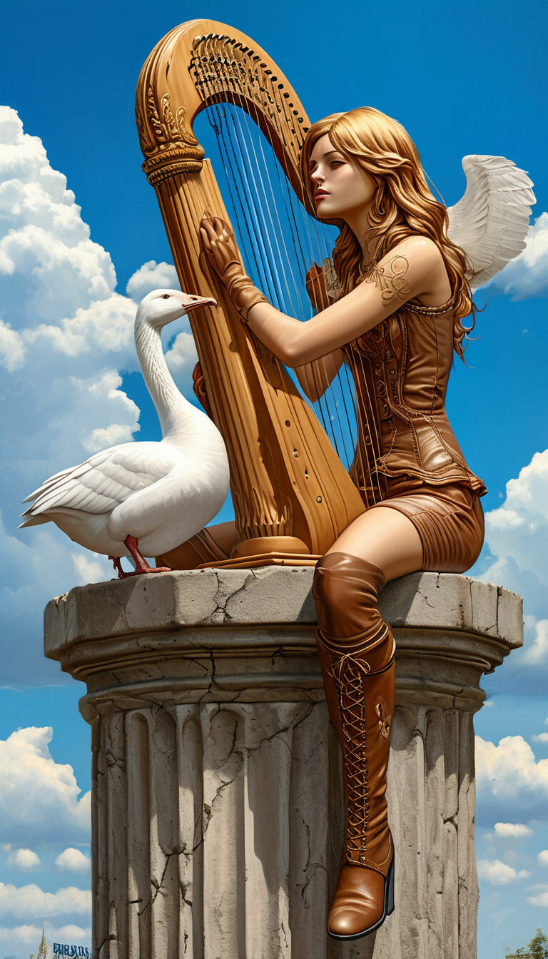 "A woman in knee-high boots is playing a harp, and next to her, a white ...