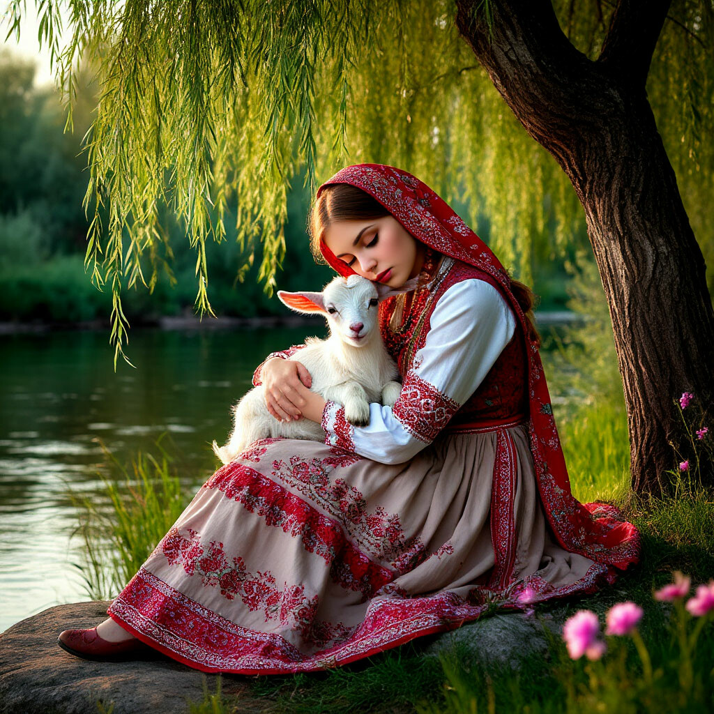 "Russian Russian style, sad Alyonushka in a Russian ethnic dress ...