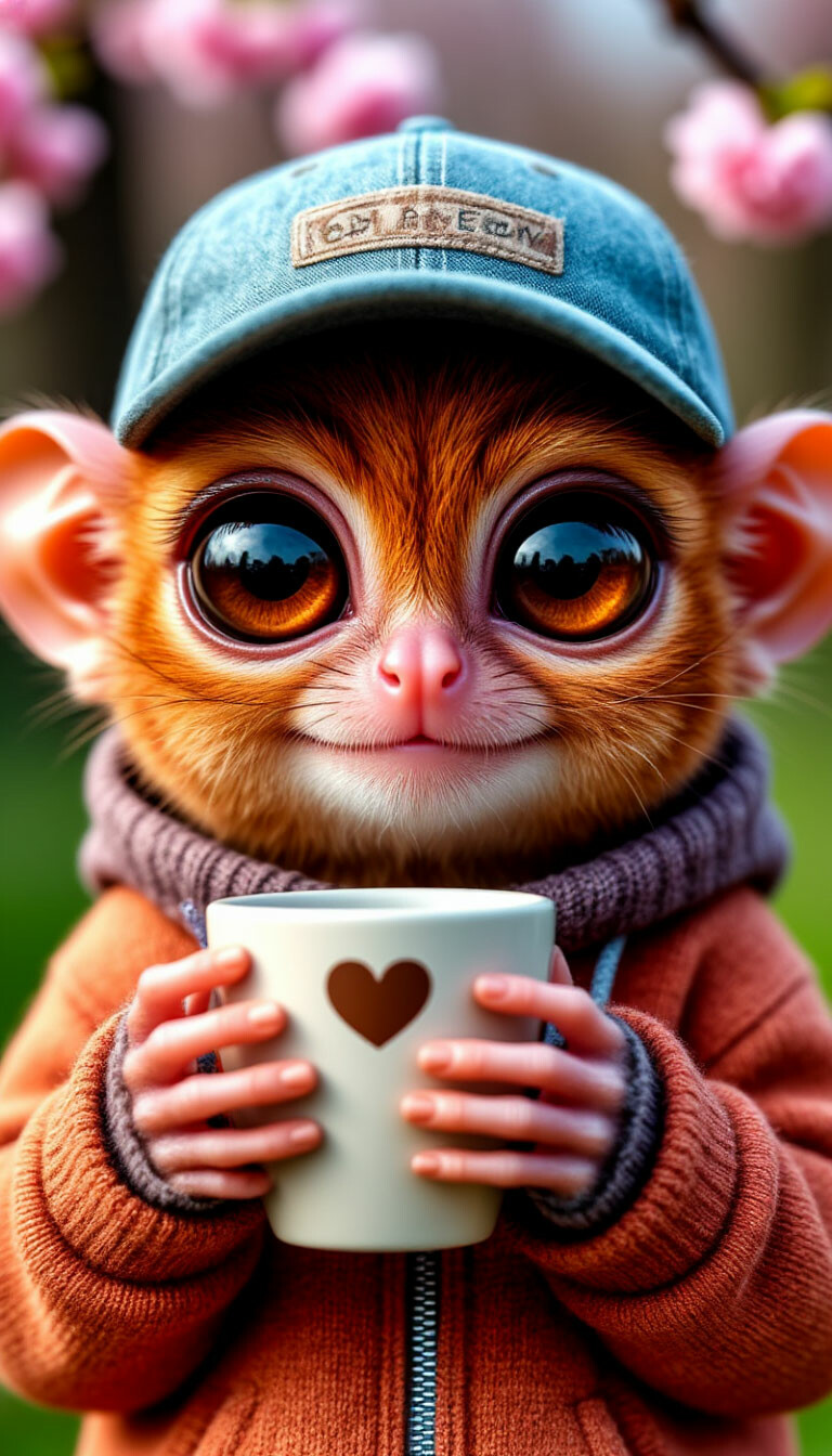 ". friendly cute kawaii tarsier with a cup of coffee faberge,in a ...