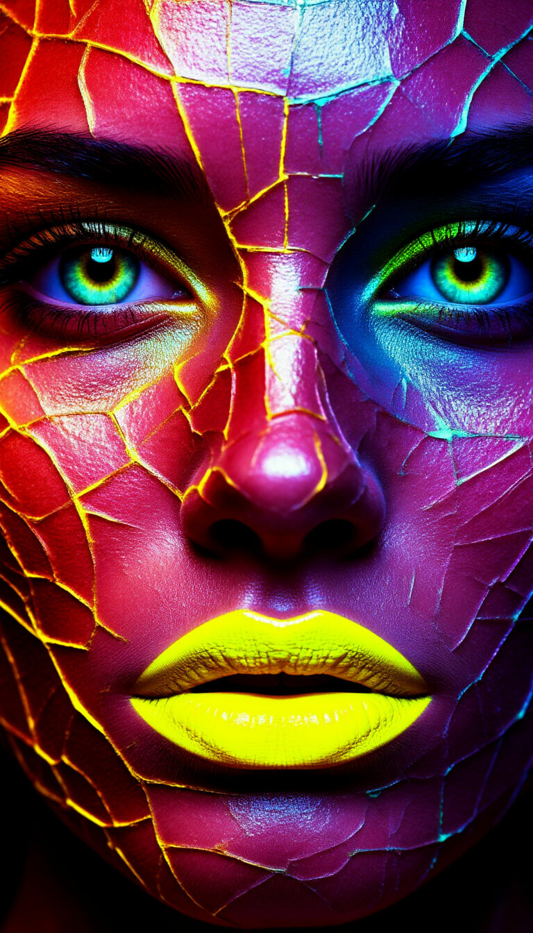 "Cracked skin. Crazy looking eyes. Extreme close up of a womans face ...