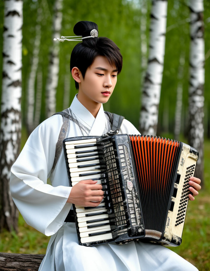 "A Chinese adult boy in a white hanfu. He plays the accordion. the ...