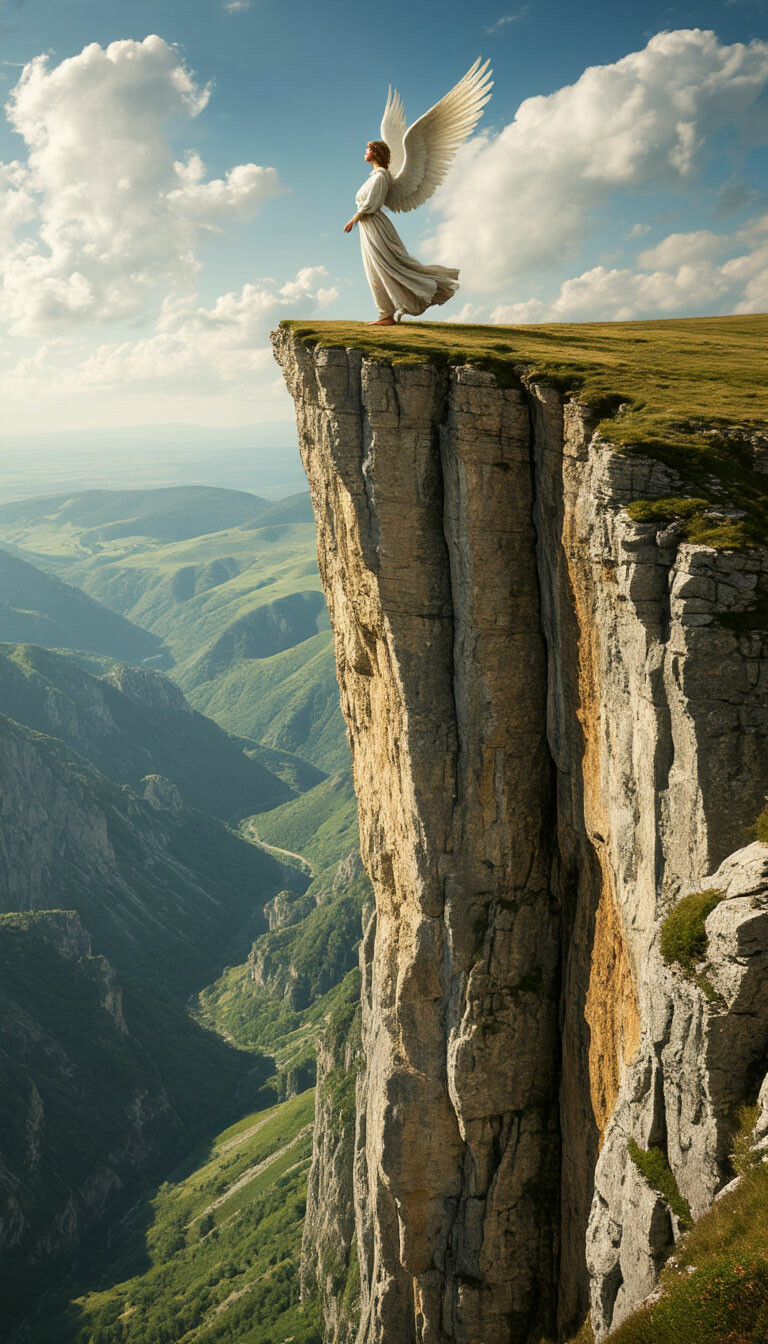 "A steep cliff, a cliff, an angel hovering over the top" — image ...