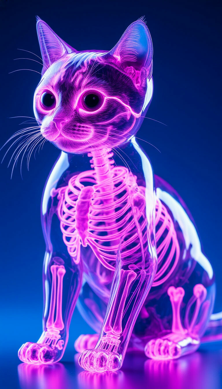 "Full body shot of a cat with transparent skin, chibi and chubby ...