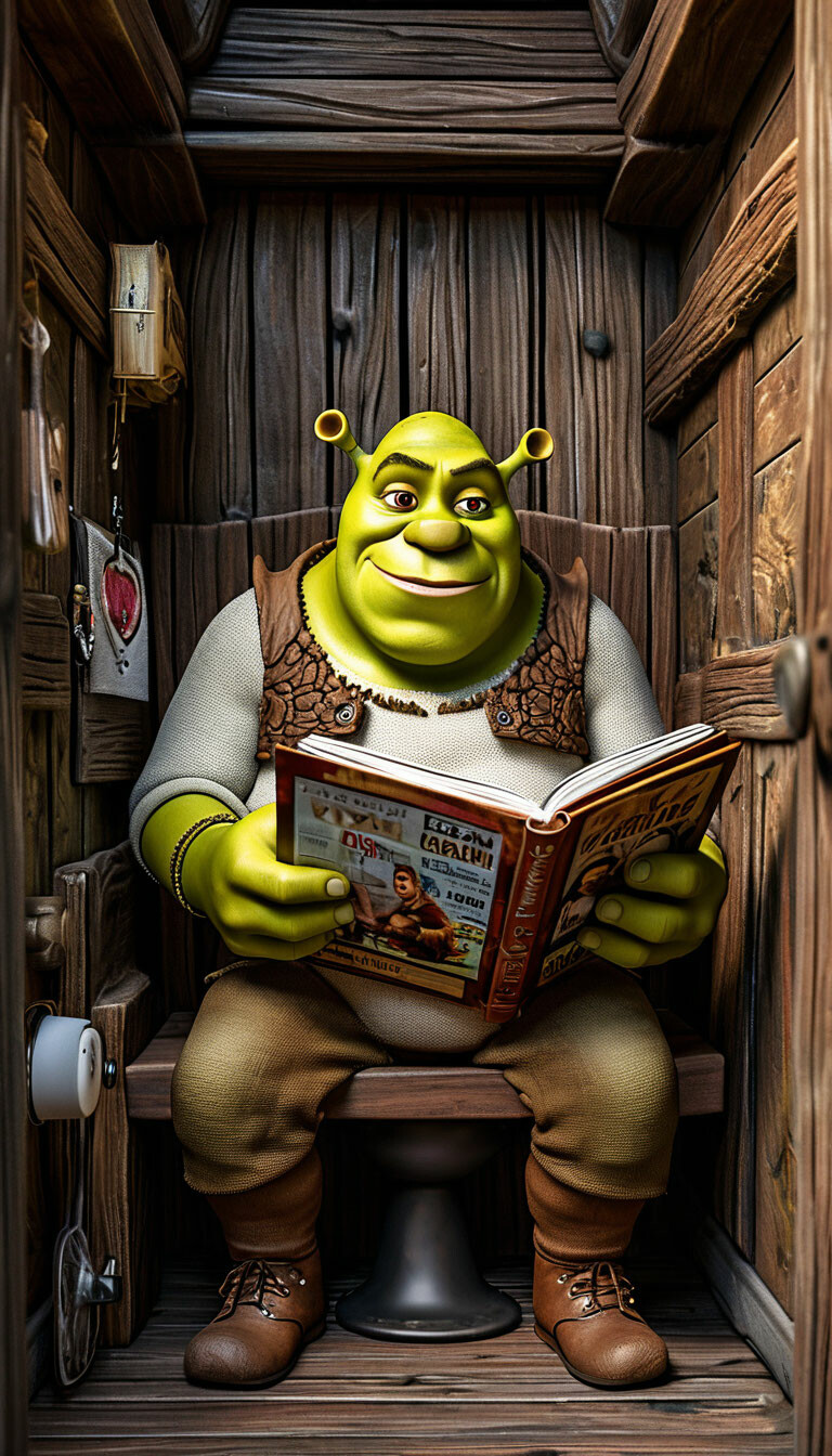 "Shrek is sitting in a wooden toilet stall and reading a secret ...