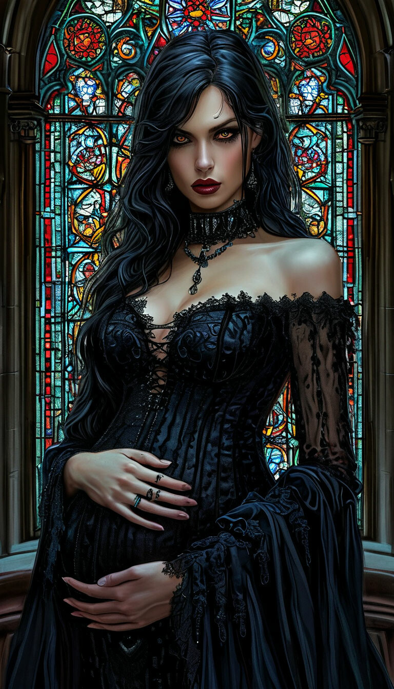 "Pregnant vampiress, buxom, long Gothic dress, vampire, fangs, eyes ...