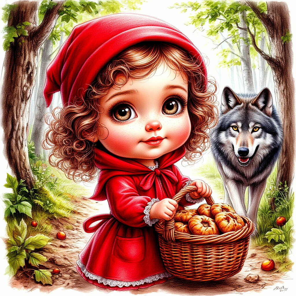 "Pencil drawing cartoon Little Red Riding Hood baby in a red cap ...