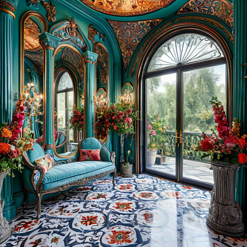 "Futuristic dressing room, paisley …" — image created in Shedevrum