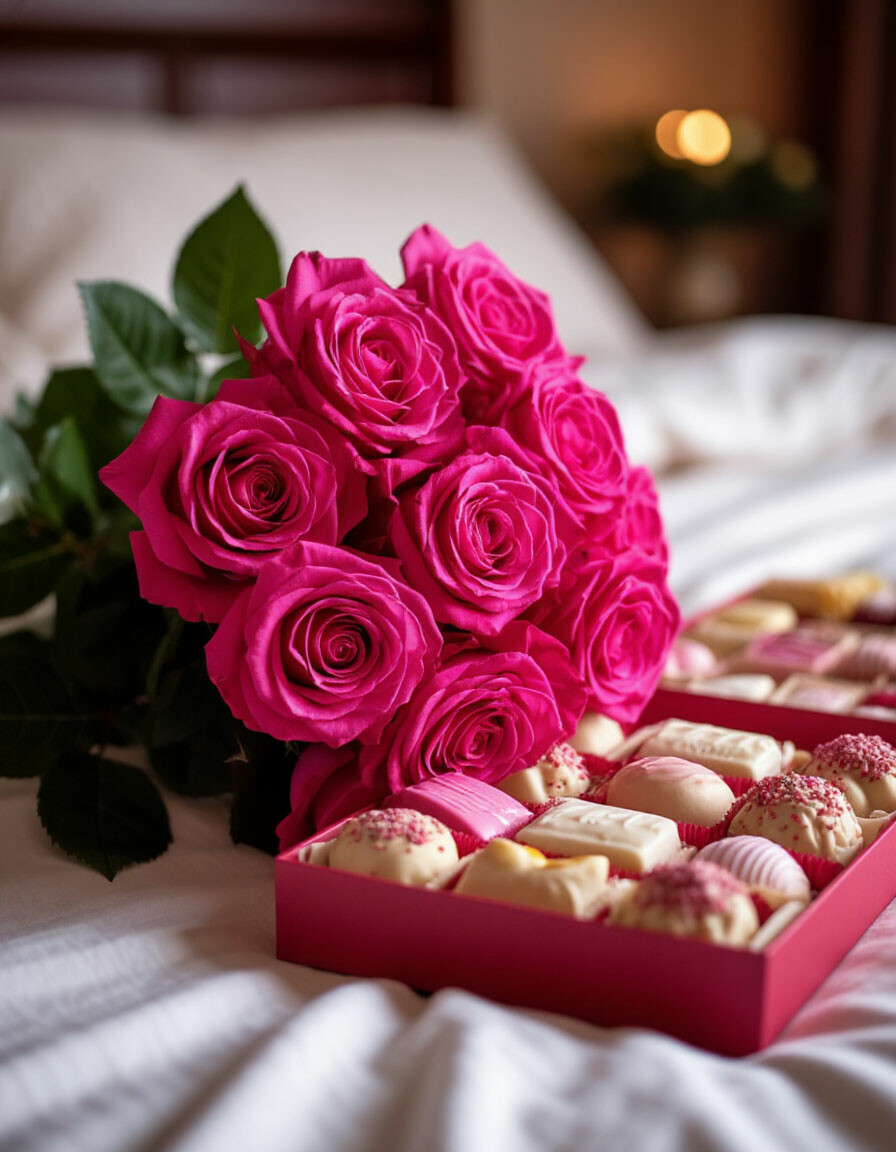 "A beautiful bouquet of roses on the bed and a box of sweets ...