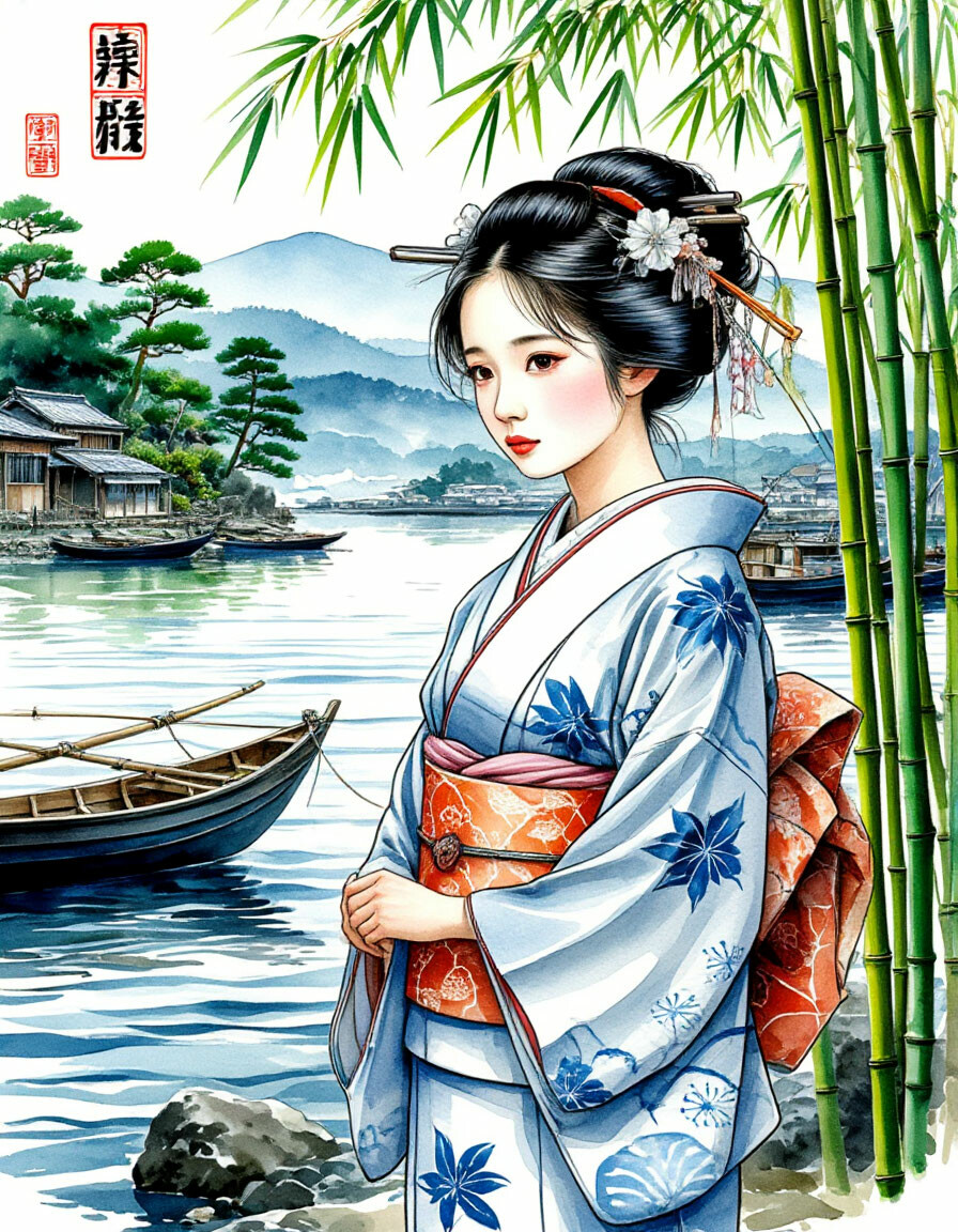 "Japan.The year is 1879. Charming fishing girl in a modest yukata by ...