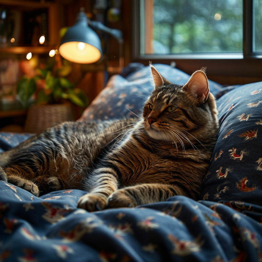 "Cat comfort , night, bed" — image created in Shedevrum