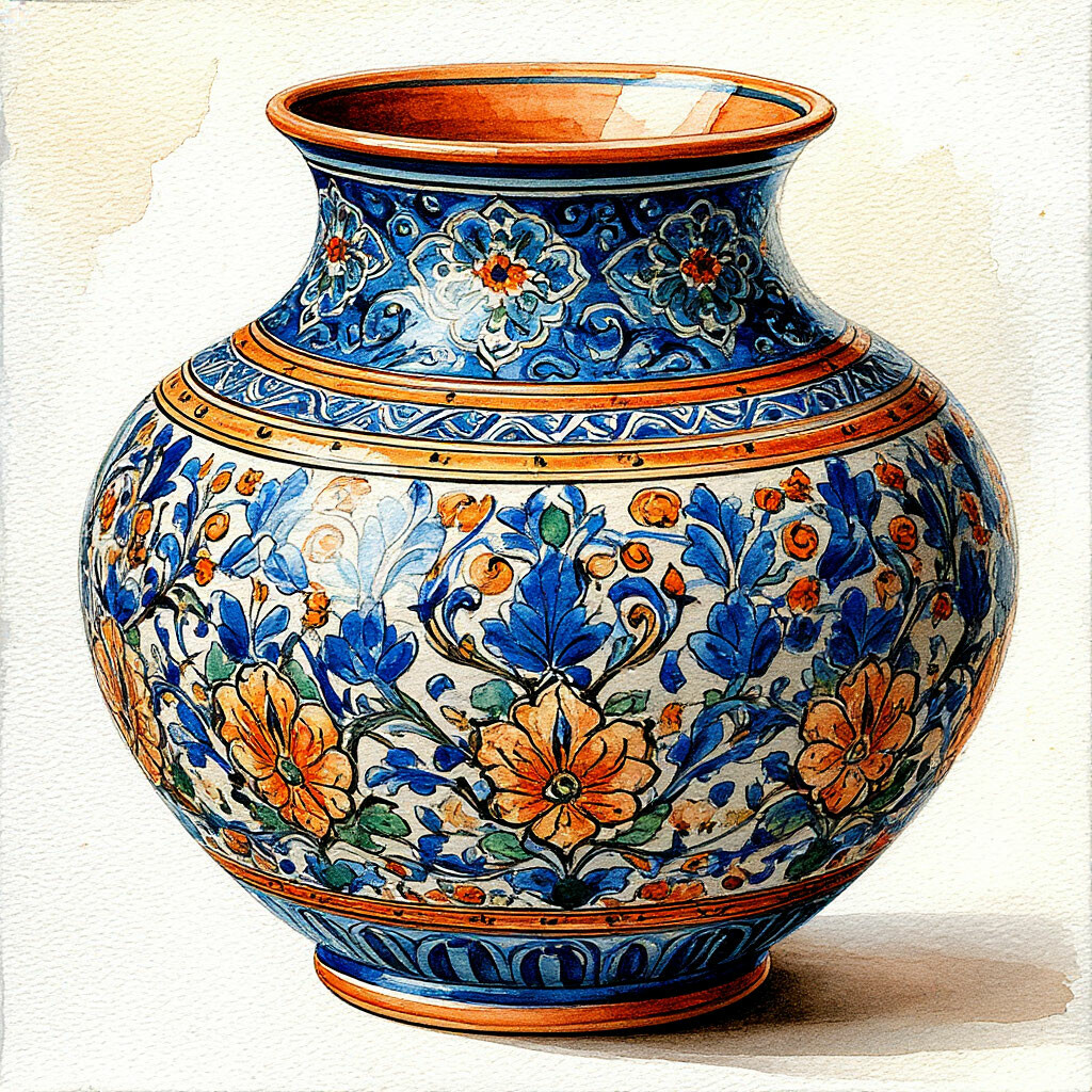 "Pottery, detailed transparent watercolor hand-painted,auxiliary lines ...