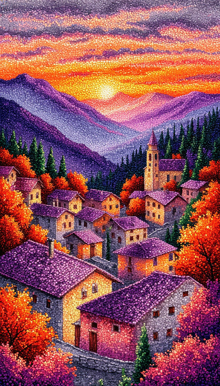"The technique of pointillism. A village in the mountains. Sunset ...